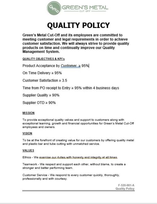 Quality Policy - Green's Metal Cut-Off